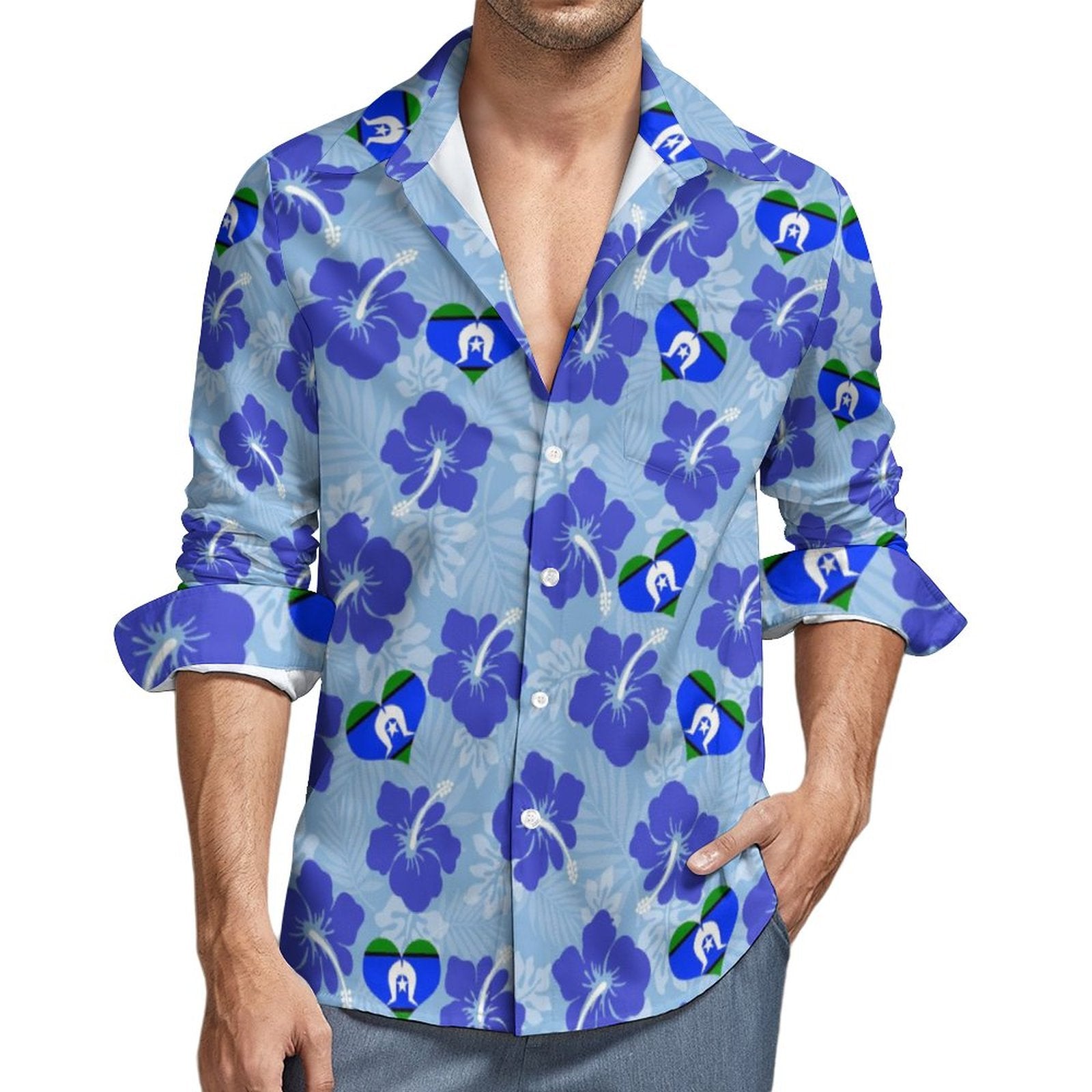 Hibiscus flowers with TSI Heart Flag (Sky Blue) on Men's Long Sleeve S ...