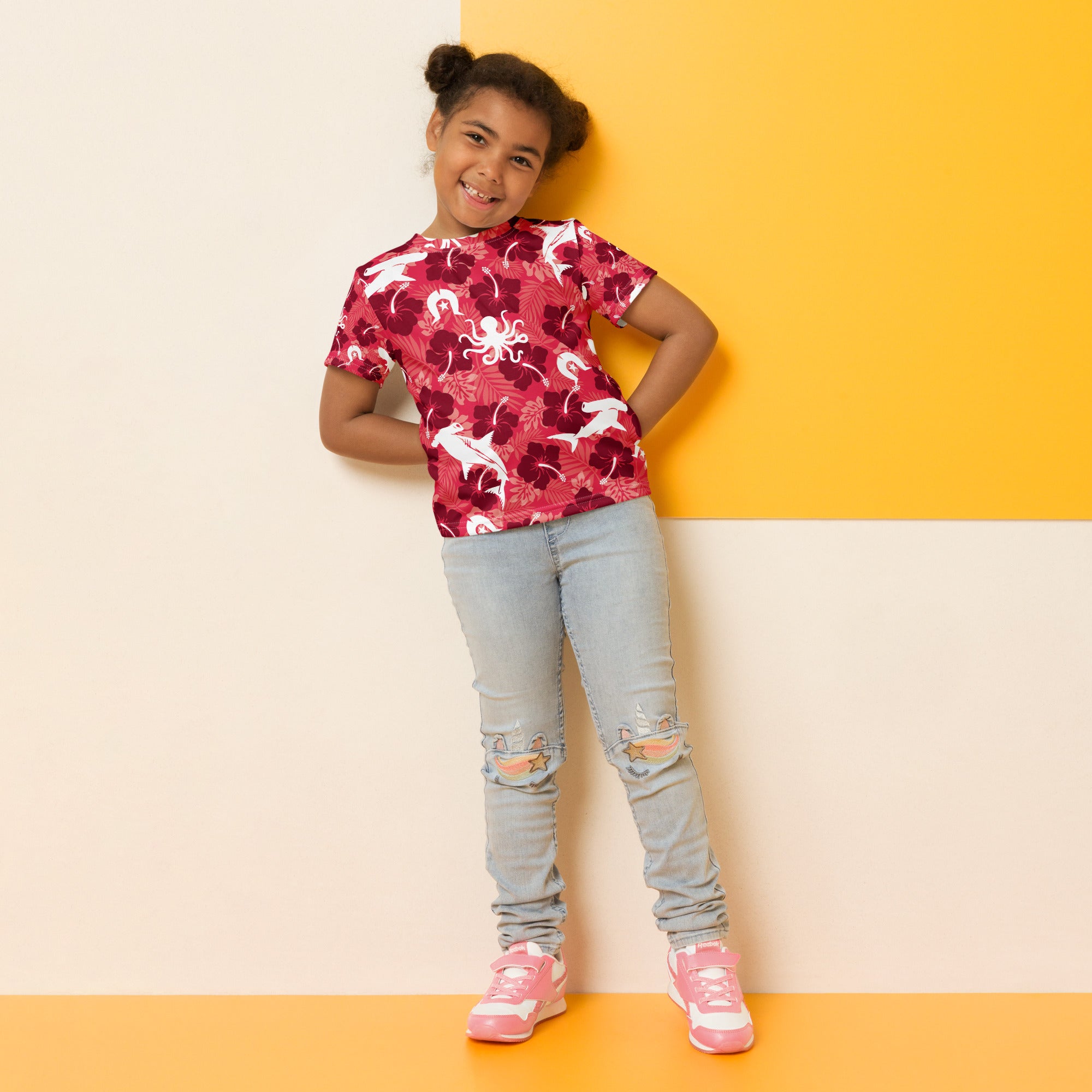 Maroon Hibiscus with Hammerhead Shark, Octopus and Dhari on Kids crew ...